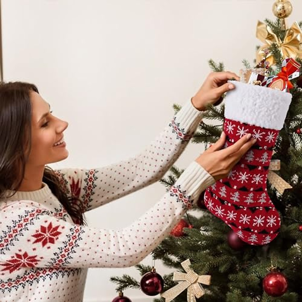 Ryoizen Christmas Stockings 5 Pack,16'' Xmas Stockings with Wool Knitted Stripe Plush Faux Fur Cuff Stockings for Stairs Fireplace Hanging Home Party Family Holiday Decor