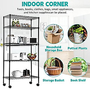 BLKMTY 5 Tier Wire Shelving Unit Height Adjustable Storage Shelves Compact Metal Shelves with Wheels for Pantry Garage Organizer Kitchen NSF Metal Storage Rack 30"x14"x60", Black