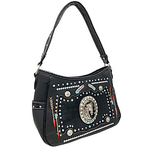 Horse Feather Tribal Embroidery Western Country Women Conceal Carry Hobo Purse (Black)