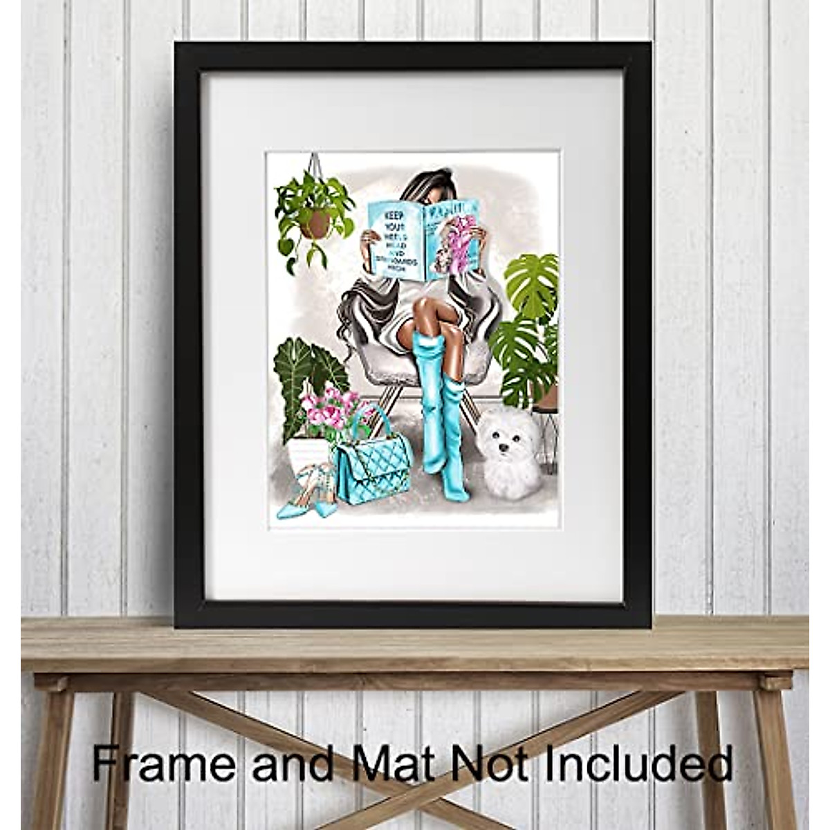 Glam Fashion Wall Art & Decor - Girls Bedroom Living Room Teens Room - Light Blue Designer Poster Picture - Housewarming Daughter Friend Gifts for Women - African American Woman - Black Afro Girl