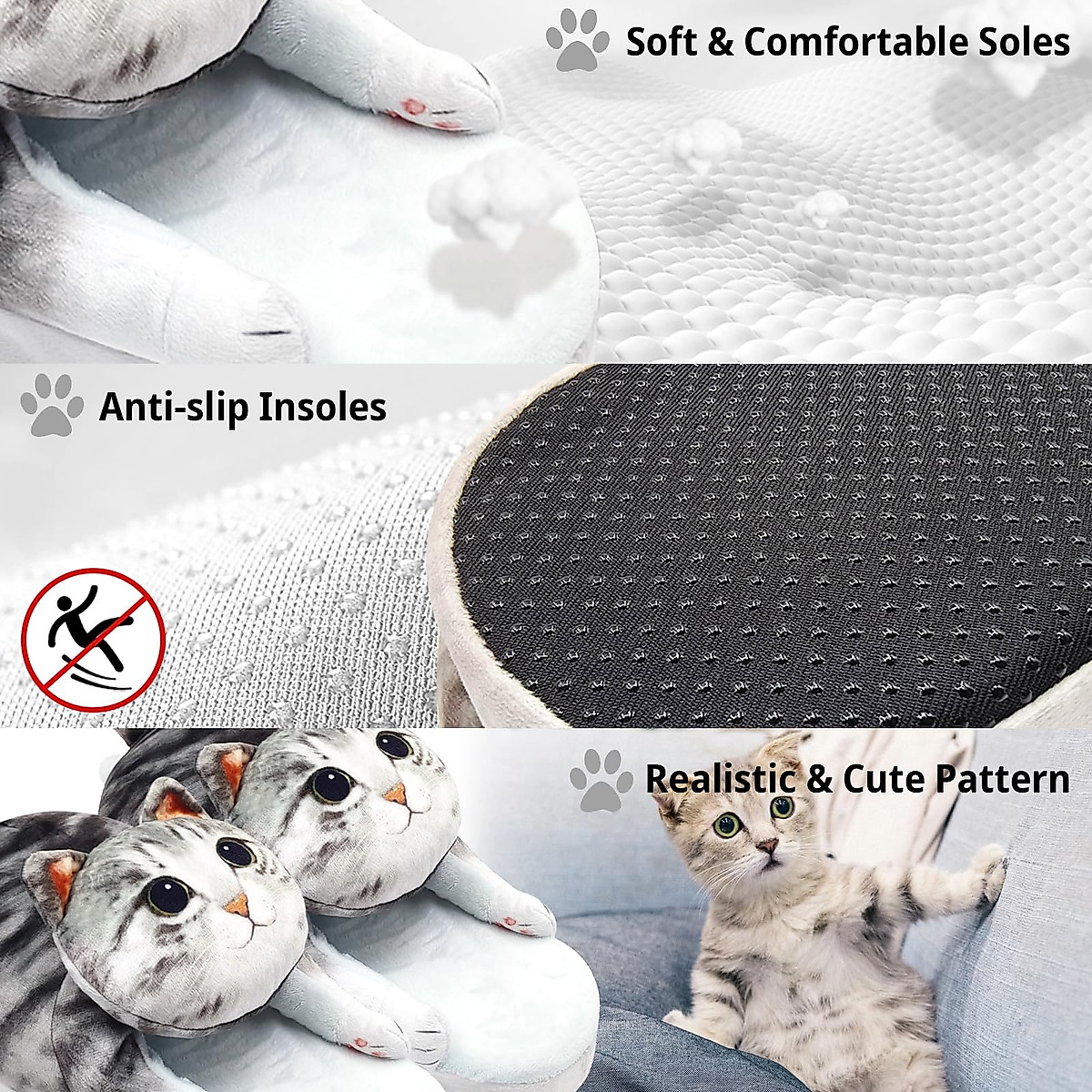 Funny Cat Slippers for Women, Kawaii Bedroom Fuzzy House Slippers,Indoor and Outdoor Animal Slippers,Cozy Non-Slip,Christmas Cat Gifts for Cat Lovers Gifts For Women/Men's/Girls (Grey Cat)