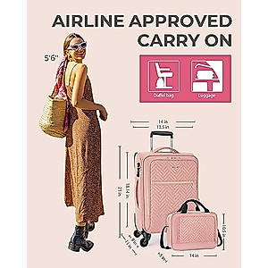BAGSMART Carry On Luggage 20 Inch, Expandable Suitcase, 2 Piece Luggage Sets Luggage Airline Approved Rolling Softside Lightweight Suitcases with Front Pocket for Women Men, Carry-On Pink