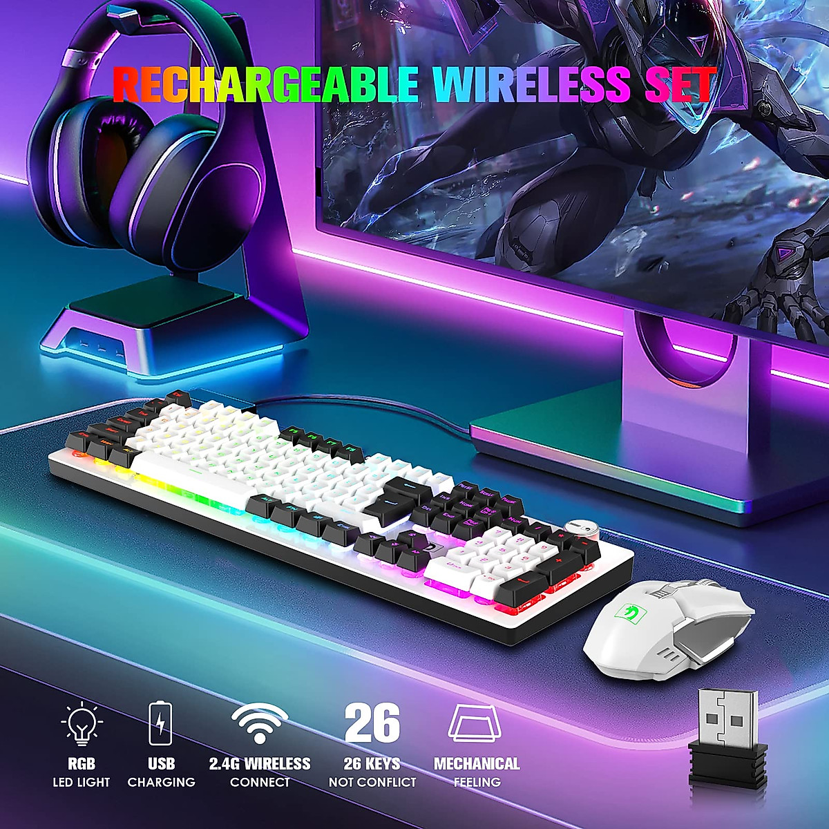 FELICON Rechargeable 2.4G Wireless Keyboard and Mouse Combo Suspended Keycap Mechanical Feel Backlit Gaming Keyboard & Mouse Adjustable Breathing Lamp for Laptop Computer and Mac