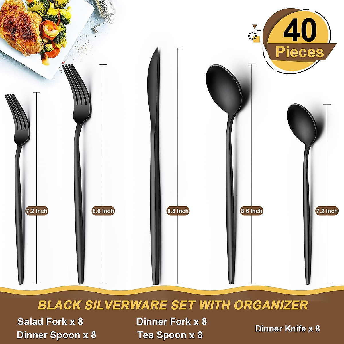 Black Silverware Set, 40-Piece AIVIKI Flatware Set with Organizer Tray, Stainless Steel Cutlery Set for 8, Kitchen Black Utensils Tableware Set for Home Restaurant, Include Knife Fork Spoon Set