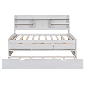 Aiuyesuo Classic Full Size Captain Bed with Built-in Bookshelves,3 Storage Drawers and Trundle,Solid Wood Daybed Frame with Storage Headboard for Kids Teens Adults (White-kks9)