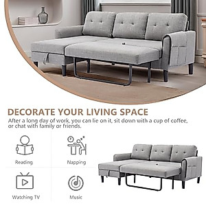 HUMEHA Convertible Sleeper Sofa, Linen Reversible Sleeper Sectional Sofa with Storage Chaise, Modern Upholstered Pull Out Sofa Bed, L Shaped Sofa Couch for Living Room Bedroom, Light Gray