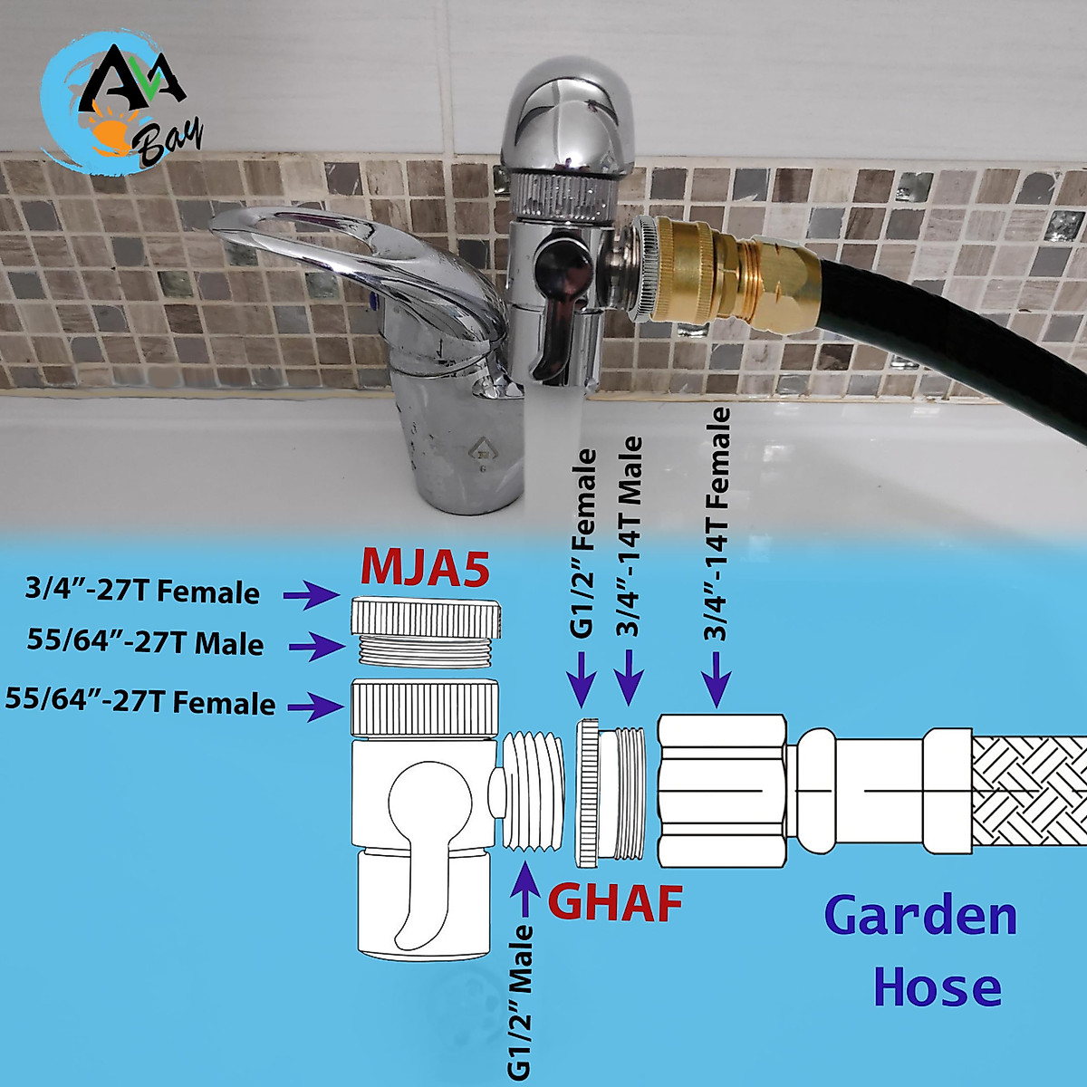 AVAbay GHAF Male 3/4" GHT to Female G1/2"-14T - Garden Hose to Faucet Diverter - Chrome Plated Solid Brass, Female to Male Adapter Fitting for Sink Tub Faucet, Water Filter System