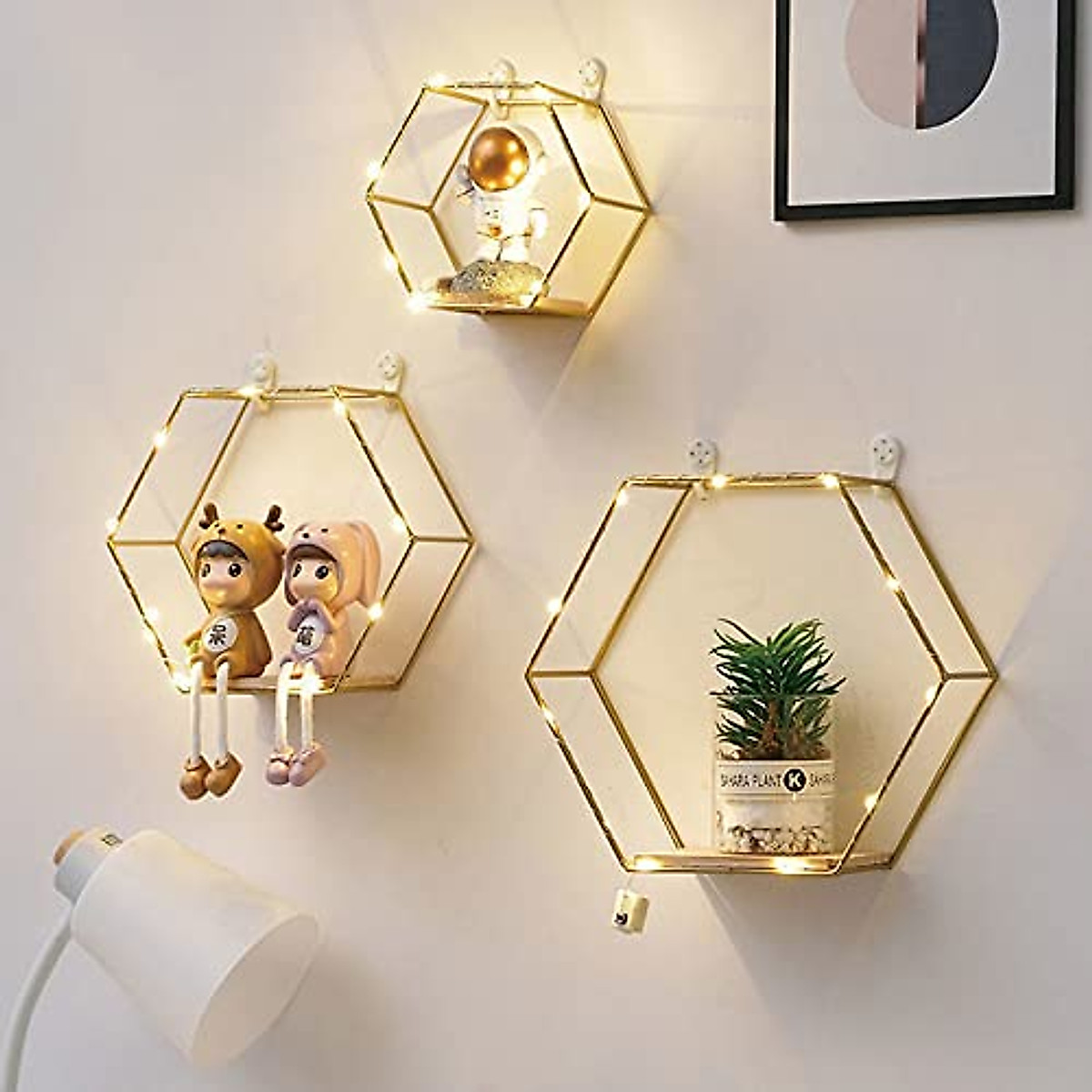 Liywall - Hexagon Floating Shelves Wall Decor, Gold Metal Wire and Wood Wall Mounted Storage Shelf Home Decorations Art for Bedroom Living Room Kitchen Bathroom, Set of 3 with LED Lights
