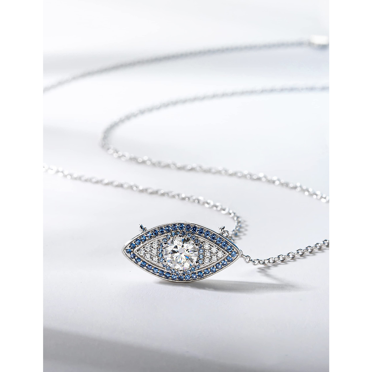 CannyCat Moissanite Evil Eye Pendant Necklace 1.2 CTTW D color VVS Moissanite and Sapphire Necklaces Lab Created Diamond Platinum Plated Sterling Silver Chain 16”+2” Lucky Gift for Women
