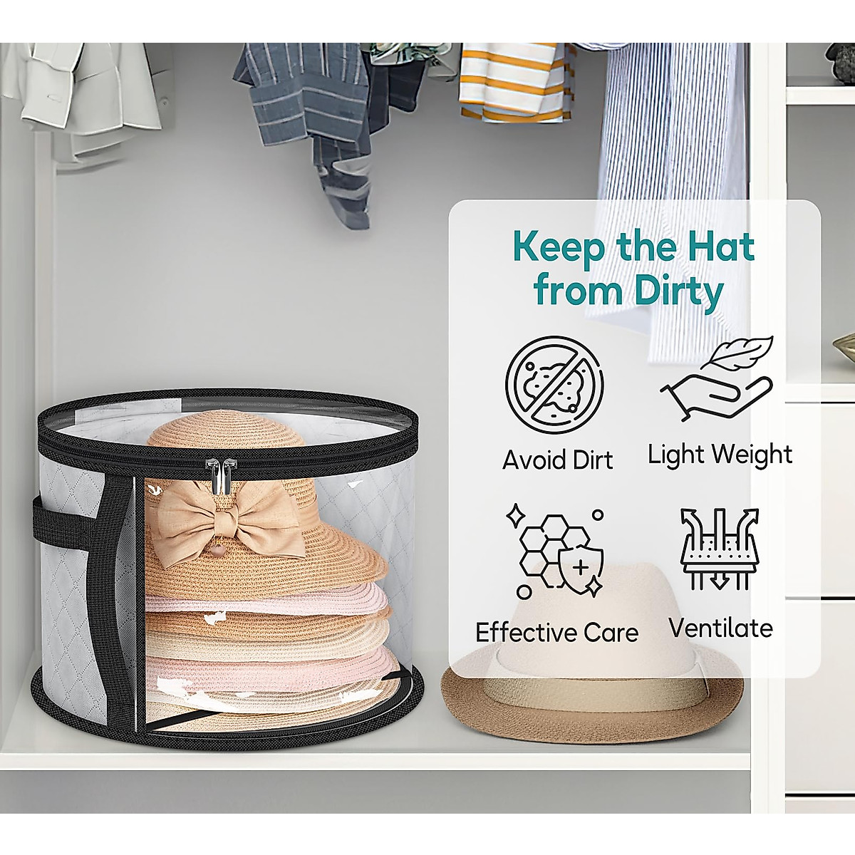 AOODA Oversized Clear Hat Storage Bag for Women, Holds up to 7 Caps Cowboy Hat Organizer for Closet, Wide Brims Hat Case with Carrying Handles (Grey)