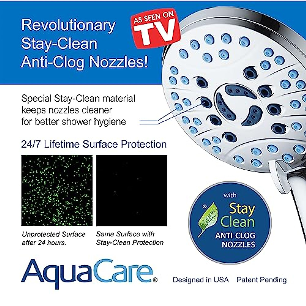 AquaCare AS-SEEN-ON-TV High Pressure 50-mode Rain & Handheld 3-way Shower Head Combo - Anti-clog Nozzles/Tub, Tile & Pet Power Wash/Extra Long 6 ft. Stainless Steel Hose/All Chrome Finish