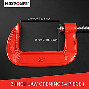 MAXPOWER 4-pieces C Clamps Set, 3-inch C Clamps, Up To 3-Inch Jaw Opening, 2-Inch Throat Depth