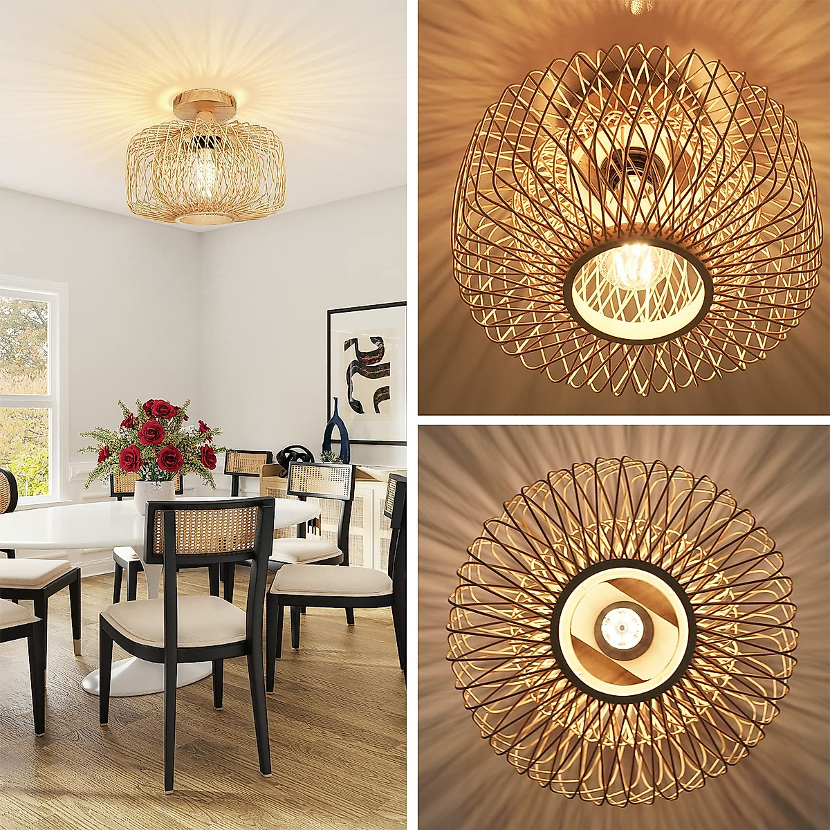 FRIDEKO HOME Woven Rattan Flush Mount Light Fixture - Boho Light Fixtures Ceiling Bedroom Ceiling Lights Flush Mount Ceiling Light for Living Room Hallway Kitchen Entryway Farmhouse