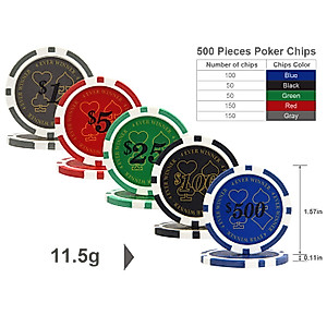 4 EVER WINNER Poker Chip Set 500PCS Professional Poker Set 11.5 Gram Casino Chips with Denominations, for Texas Holdem Blackjack Gambling Poker Set with Aluminum Case