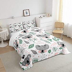 Feelyou Koala Comforter Set Queen Size, Cartoon Koala Comforter Set Cute Koala Comforter for Kids Toddler Botanical Plant Duvet Set Lightweight Quilt Set