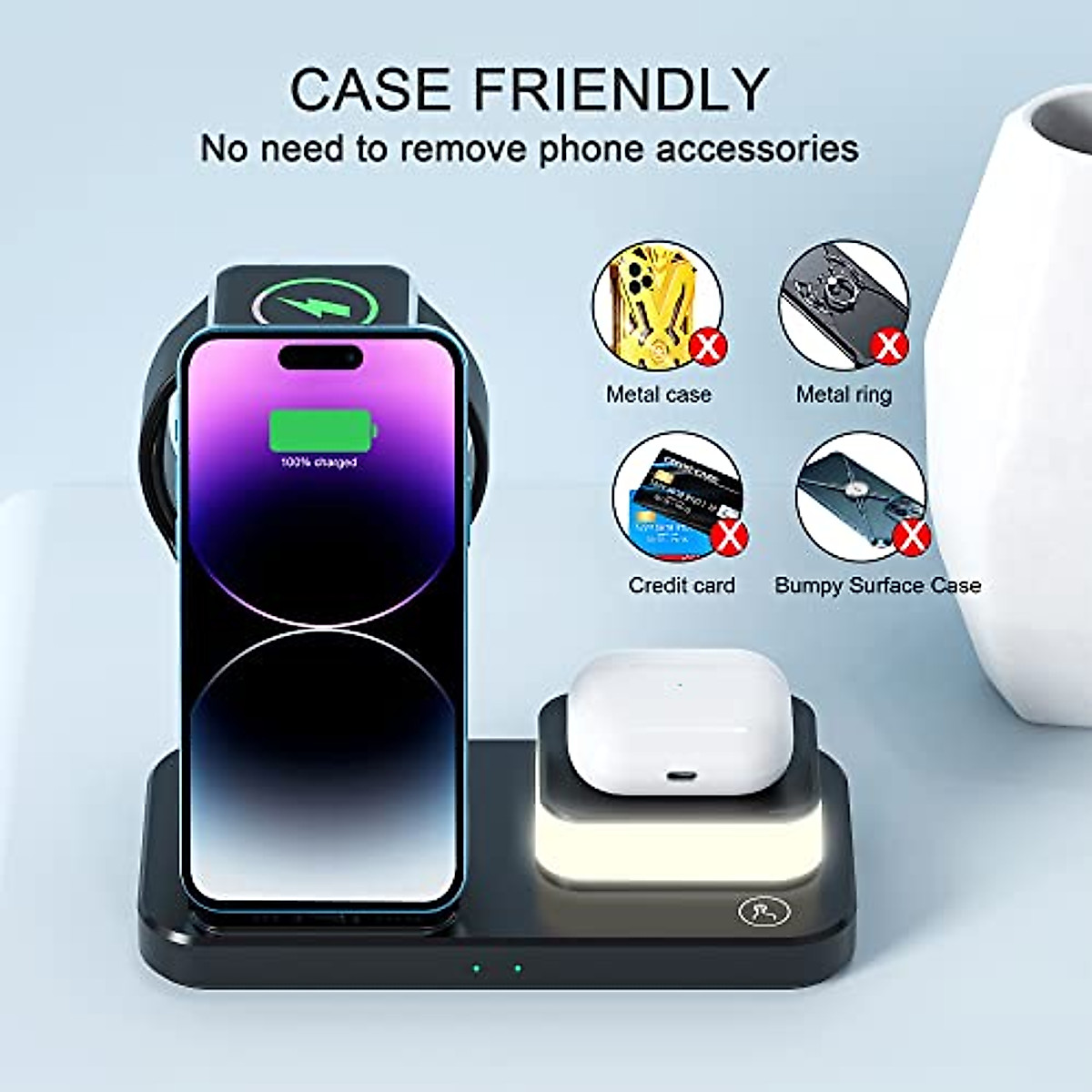Wireless Charging Station Compatible with Apple iWatch8/Ultra/7/SE/6/5/4/3/2, 3 in 1 Wireless Charger Nightlight for Airpods 2/3/Pro iPhone 14 Plus/13/12/Pro MAX/Mini/11/XS/XR/8 and Samsung(Black)
