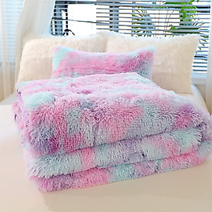 Roscloud Faux Fur Kids Girls Purple Rainbow Comforter Sets Twin/Full - 3PC Bed Set Warm Comfortable Soft Plush Flannel Velvet Fluffy Fuzzy Bedding（Comforter x 1 Pillowcases x 2）