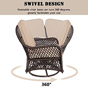 LEISU 3-Pieces Patio Swivel Wicker Bistro Furniture Set with Cushioned Patio Swivel Rocker Swivel Rocking Chairs Set Side Table Outdoor Rattan Conversation Sets (Beige)