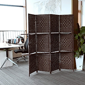 4 Panels Room Screen Divider Hand-Woven Design Room Divider 6 Ft High Fiber Freestanding Privacy with Wooden Removable Storage Shelves Screen Suitable for Living Room and Study, Brown