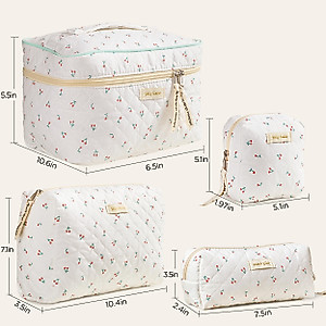 HBselect 4Pcs Cotton Quilted Makeup Bag Coquette Makeup Bag Large Travel Cosmetic Bag Aesthetic Cute Kawaii Cherry Makeup Bag Toiletry Bags Coin Purse for Women Girls