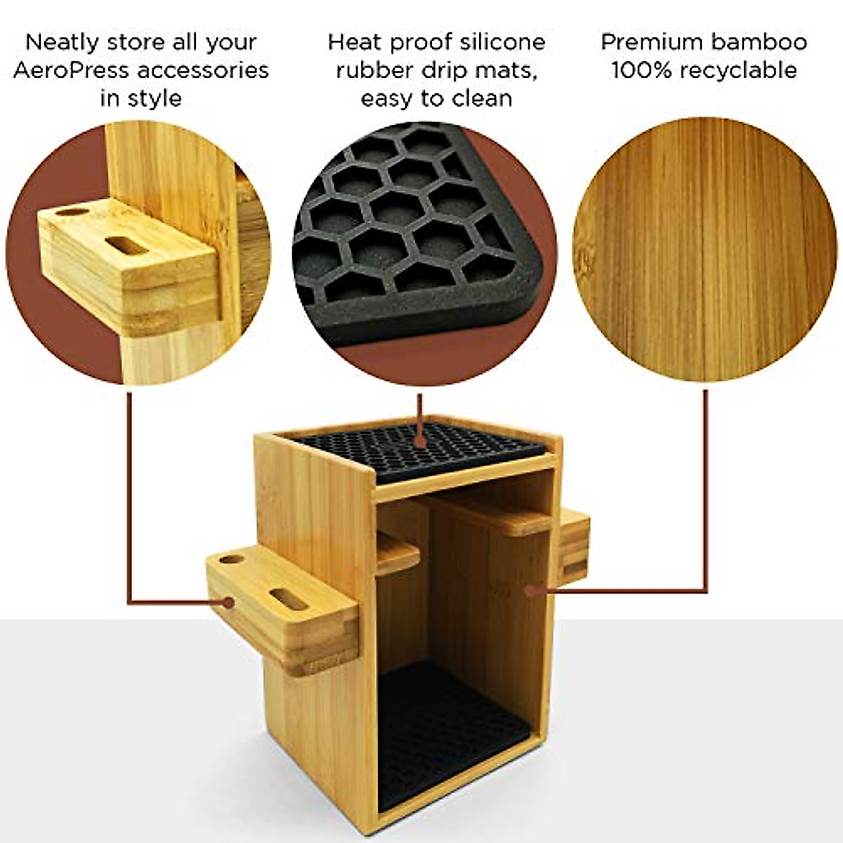 HEXNUB – Compact Bamboo Organizer for AeroPress, Caddy Station Holds AeroPress Coffee Maker, Filters, Cups, Pour Over Accessories With Silicone Dripper Mat, Increased Space Saving (Black)