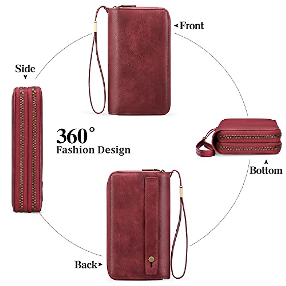 GAEKEAO Wallet for Women Double Zipper Phone Clutch RFID Blocking Vegan Leather Wristlet Purse Large Capacity Long Credit Card Holder with Grip Hand Strap