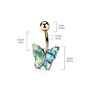 Amelia Fashion 14 Gauge Abalone Shell Covered Butterfly 316L Surgical Steel Belly Button Ring (Choose Color) (STEEL)