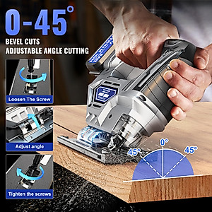 Cordless Jigsaw Tool Compatible with Dewalt 20V Battery, Variable Speed, LED Light, 0°-45° Bevel Cuts, 3-Position Orbital Action, Brushless Motor for Straight Curve Circle Cutting