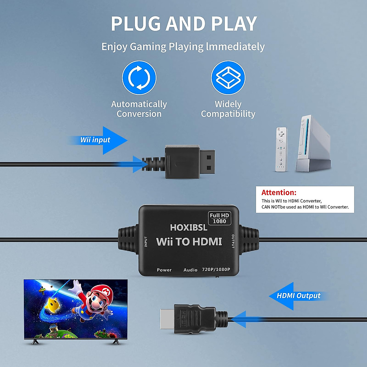 HOXIBSL Wii to HDMI Converter Cable Adapter,720P/1080P Switch,with 3.5mm Audio Jack,Improve Image Quality and Resolution,Supports All Display Modes,Compatible with Wii,U,HDTV, Monitor （6.56FT）