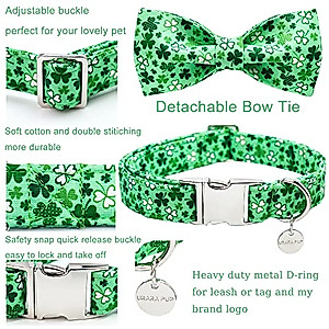 UP URARA PUP St. Patrick's Day Dog Collar with Bow Tie, Cotton St. Patrick's Day Bowtie Collar for Large Girl Boy Dog, Lucky Shamrock Dog Collar with Metal Buckle, Green, Spring, L, Neck 16-24in