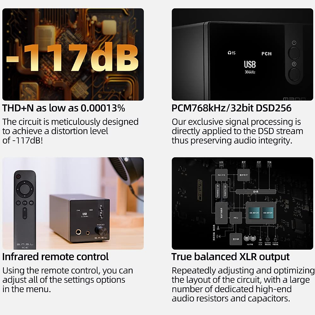 S.M.S.L Upgraded M300SE HiFi Headphone Amplifier, 2PCS of CS43131 MQA Audio DAC, USB/Optical/Coaxial/Bluetooth Input DSD MQA XMOS Balanced XLR Output THD+N 0.00013% with Remote Control