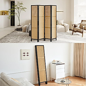 ALeesing 4 Panels Wood Room Divider and Folding Privacy Screens, Hand-Woven Rattan Room Dividers Panel, Room Divider Wall Freestanding, Room Partitions Screen for Home Office Bedroom, Black