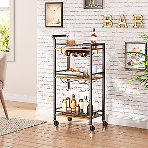 HOOBRO Bar Cart, Home Bar Serving Cart with 3-Tier Mirrored Shelf, Microwave Cart, Drink Cart, Mobile Kitchen Shelf with Wine Rack, Rolling Beverage Cart, Rustic Brown and Black BF38TC01