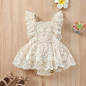 wdehow Infant Newborn Baby Girl Summer Romper Dress Floral Lace Tutu Embroidery Ruffles Backless Bodysuit One-Piece Jumpsuit (Khaki, 0-3 Months)