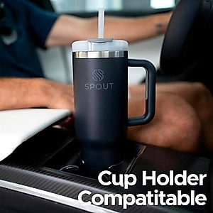 SPOUT 40 oz Tumbler With Handle And Straw, Insulated Stainless Steel Water Bottle With Straw - Travel Mug | BPA Safe Tumblers | Iced Drinks, Water, Cold/Hot Coffee - Cupholder Friendly Midnight Navy