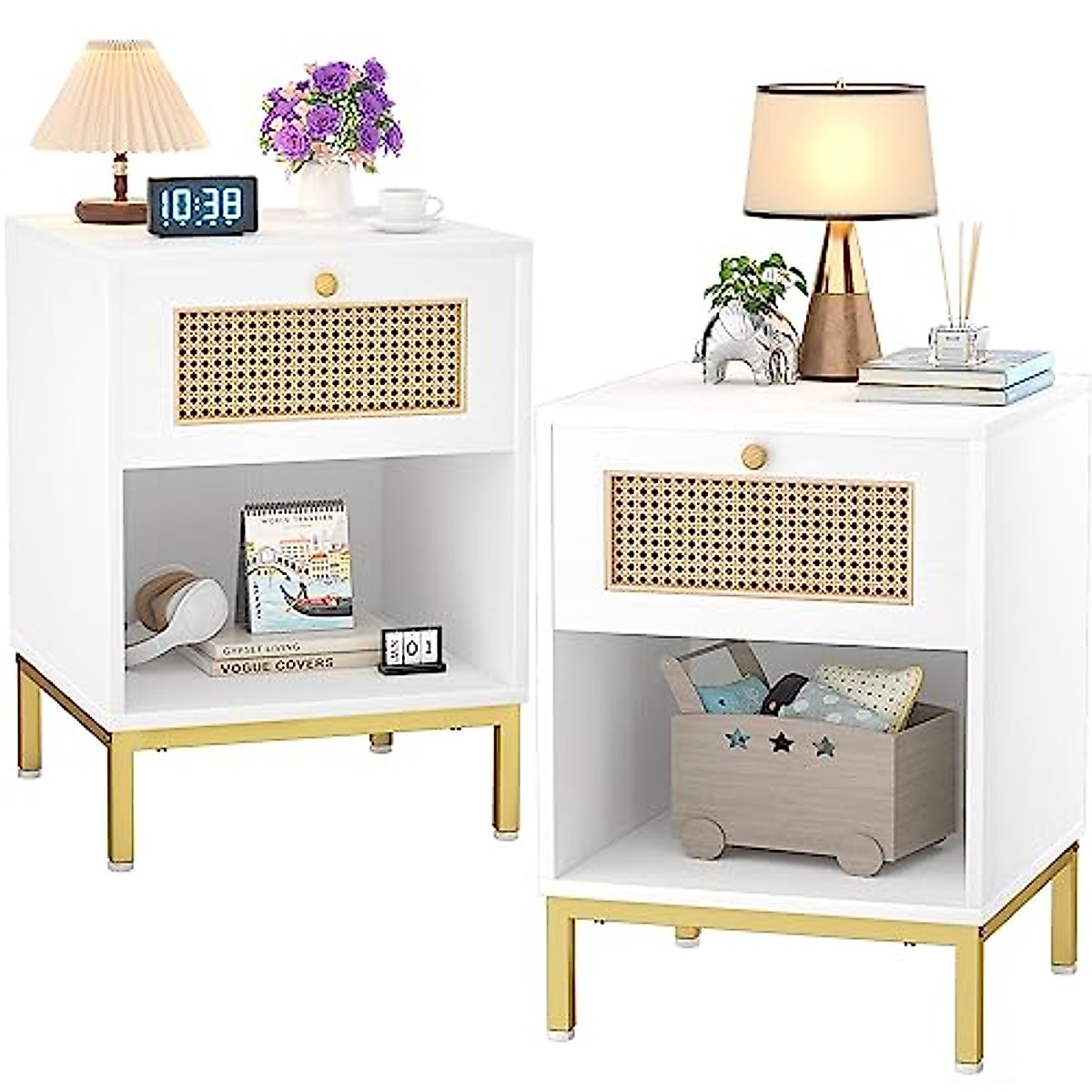 Ecoprsio Nightstands Set of 2 for Bedroom, Boho Bed Side Table with Storage Drawer, Mid-Century Modern Night Stand with Wood Finish and Rattan Drawer, End Table, Sofa Couch Side Table - White