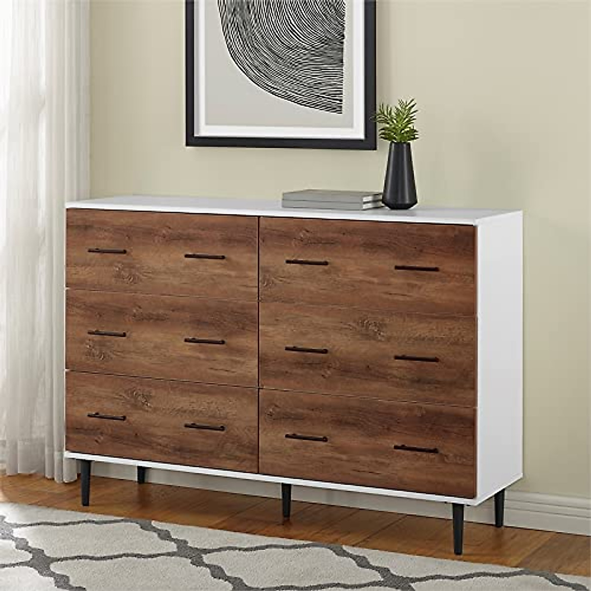 Walker Edison Mila Modern 6 Drawer Storage Buffet, 52 Inch, White and Rustic Oak