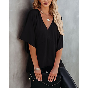 Womens V Neck 3/4 Bell Sleeve Blouse Tops Summer Loose Solid Kimono Shirt Patchwork Irregular Hem Tunic Black