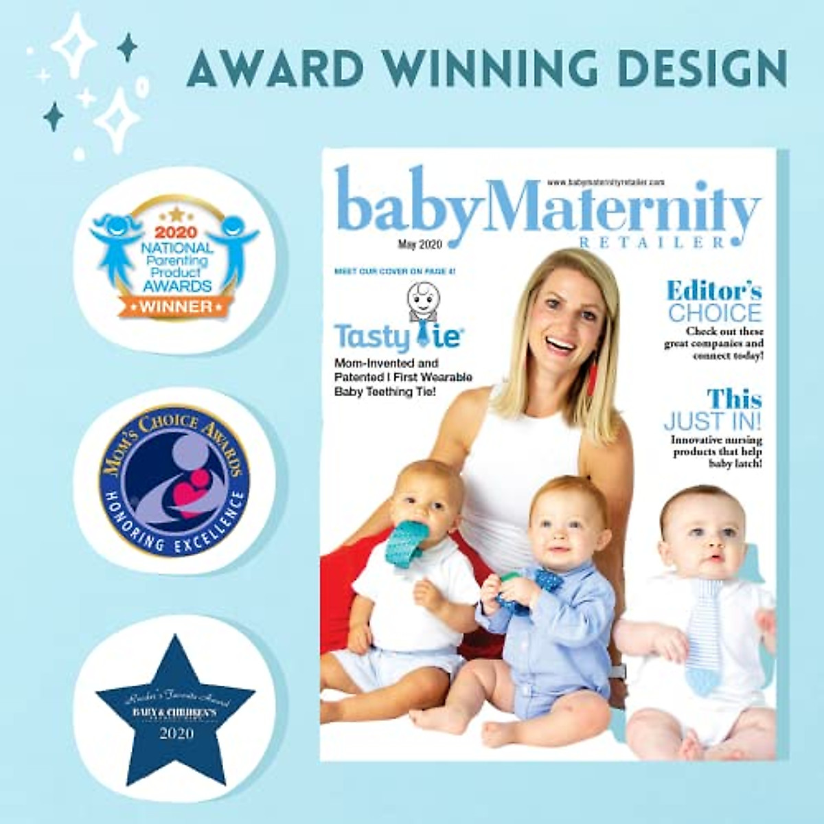 Tasty Tie Teething Tie, 3-in-1 Clip-on Baby Tie, Crinkle Toy & Silicone Teether for 3-18 Month Babies, Unique Baby Boy Gift, Shark Style