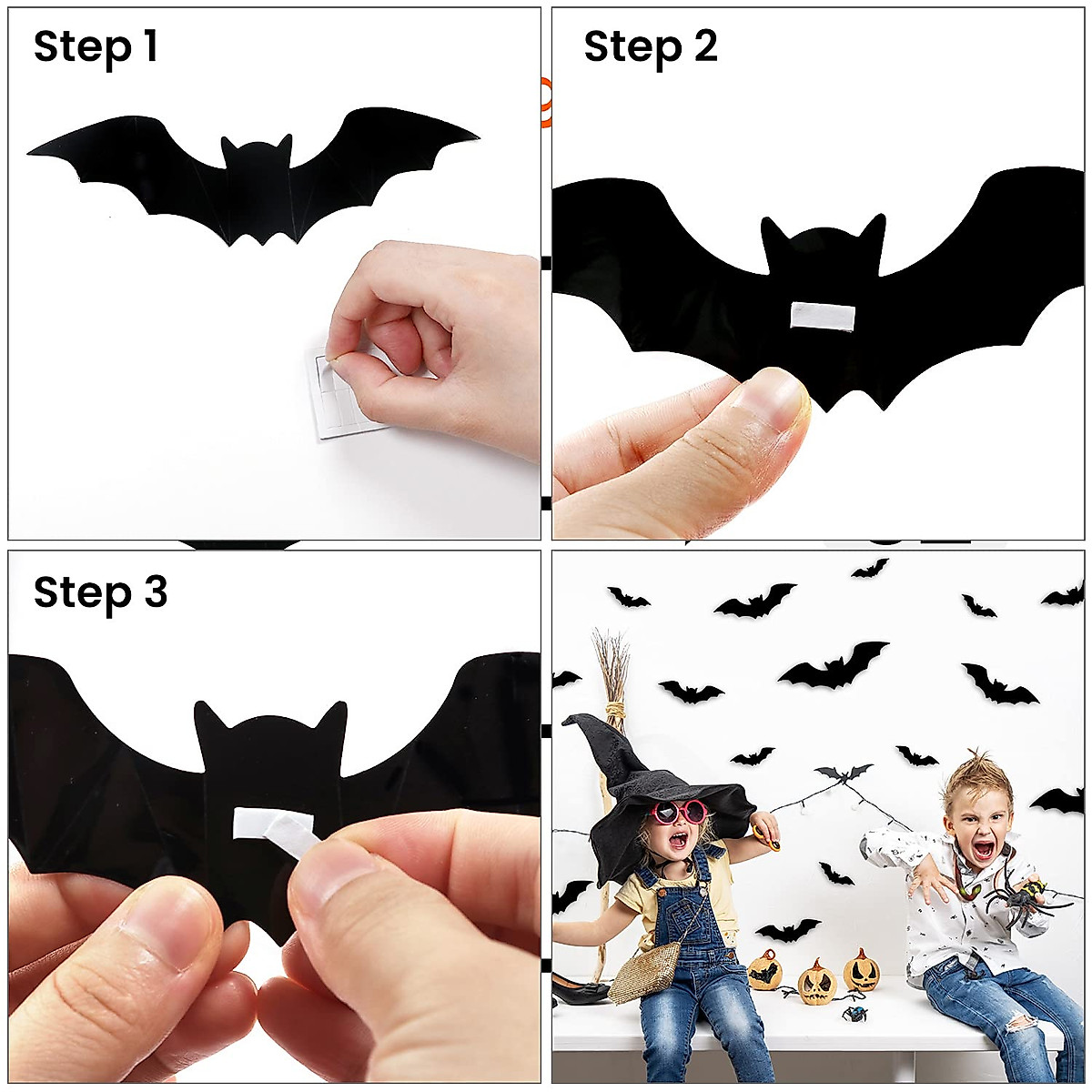 128PCS/4SIZE 3D Bats Sticker, Halloween Party Supplies Reusable Decorative Scary Wall Decal for Home Decor DIY Wall Decal Bathroom Indoor