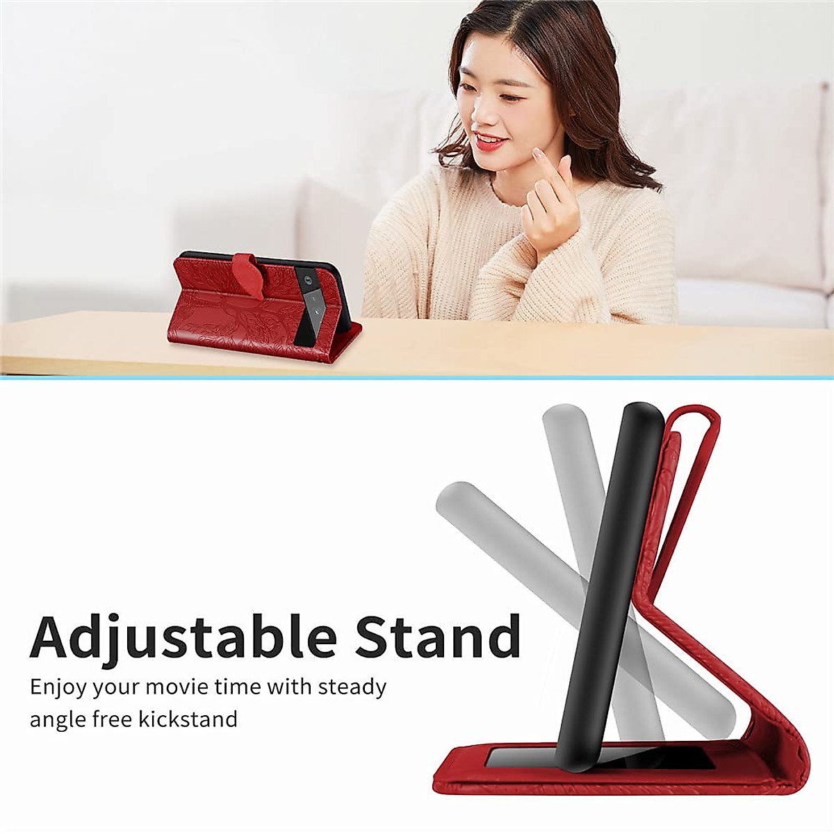 MEUPZZK for Google Pixel 6 Case, Wallet Case for Pixel 6 5G, Embossed Tree Premium PU Leather [Kickstand] [Card Slots] [Wrist Strap] [Folio Flip] [6.4 inch] Phone Cover for Pixel 6 (R-Red)