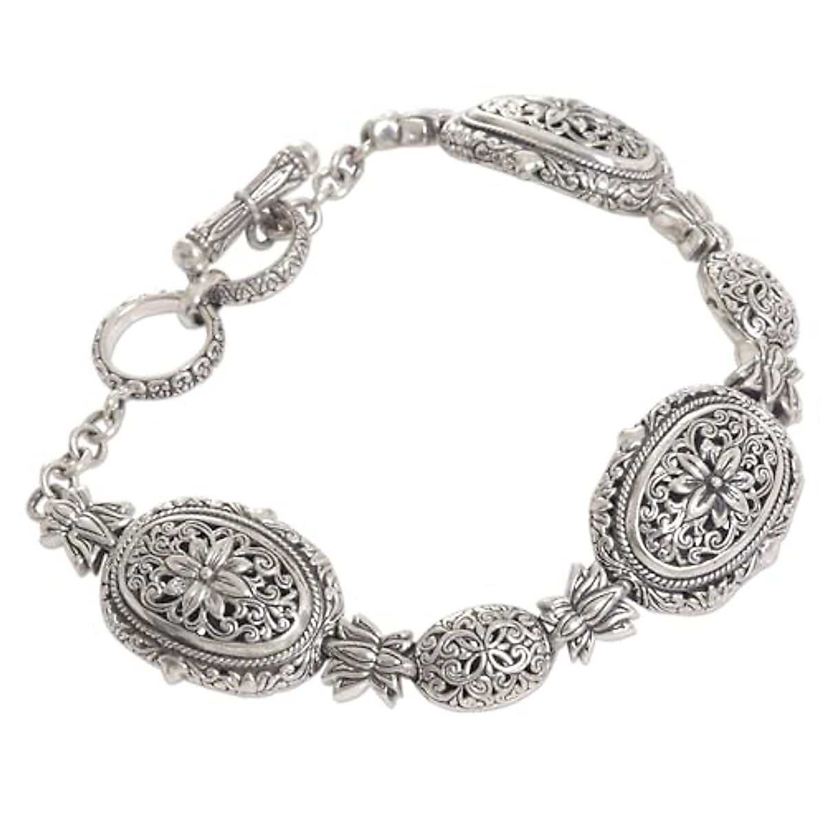 NOVICA Artisan Handmade Sterling Silver Link Bracelet with Floral Motif Indonesia [1.4 in L x 0.6 in W x 0.2 in D] ' Lotus Chain'