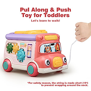 Music Activity Bus Baby Toy, Infant Education Learn Car, Sound & Light, Interactive Game, Shape Sorter, Animal Matching, Holiday Birthday Present for Toddler Kid Boy Girl 3 4 5 6 7 Years (Pink)