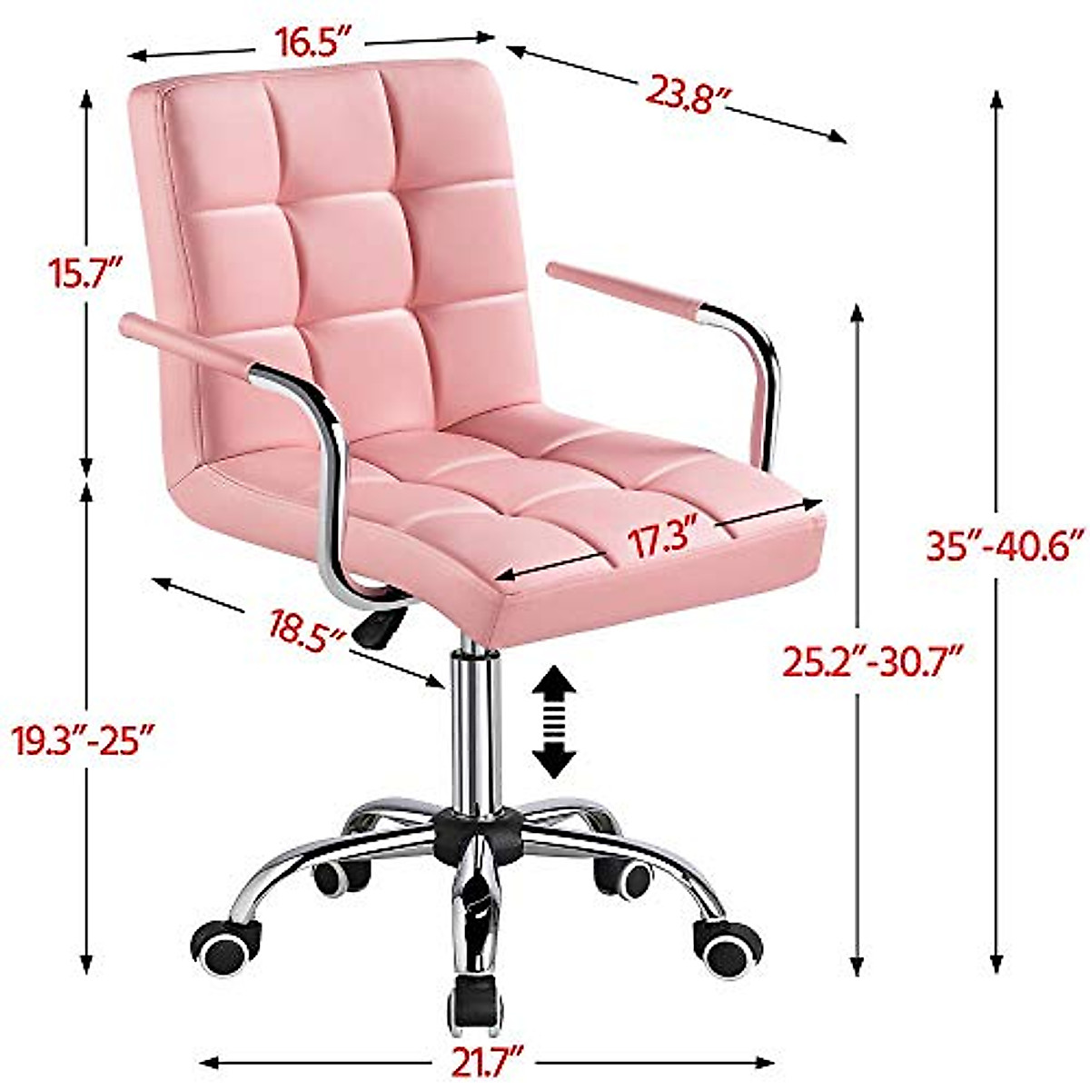 Yaheetech Desk Chairs with Wheels/Armrests Modern PU Leather Office Chair Height Adjustable Home Computer Executive Chair on Wheels 360° Swivel - Pink