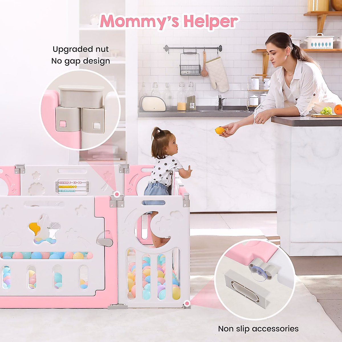 Dripex Baby Playpen, Foldable Playpen for Babies and Toddlers, Adjustable Shape Baby Fence, Safety Play Yard with Gate, Portable Play Area for Indoor or Outdoor (Pink+White,14 Panel)