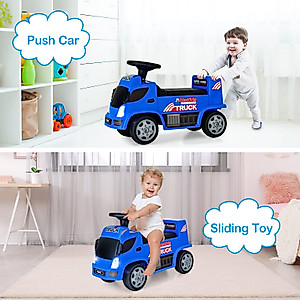 OLAKIDS Kids Ride On Push Car, 2 in 1 Foot-to-Floor Sliding Truck with Detachable Trailer, Steering Wheel, Headlights, Music, Alarm Sound, Toy Walker Gift for Toddlers Age 1.5-3 Boys Girls (Blue)