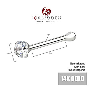 Forbidden Body Jewelry FBJ 14k White Gold Nose Ring, 22g, Solid 7mm Micro Stud, 1.25mm CZ Simulated Diamond, Non-Irritating Skin Safe Real Gold, Women/Men (Sold Individually)