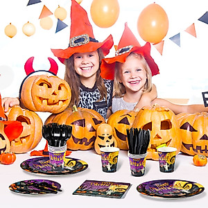 Halloween Party Supplies, Halloween Birthday Plates and Napkins Set, Disposable Paper Plates Napkins Cups Knives Spoons Forks for Kids Boy Girl Halloween Theme Birthday Party Decorations, Serve 25