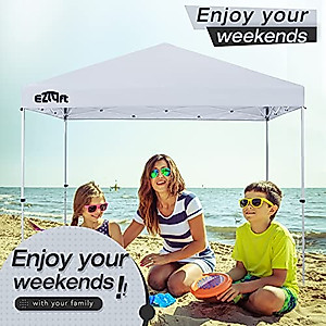 Ezlyft 10’x10’ Pop up Canopy Tent Patented Ez Set-up Canopy Instant Outdoor Canopy with Wheeled Carry Bag Bonus 4 Weight Sandbags, 8 Stakes and 4 Guyline Ropes, White
