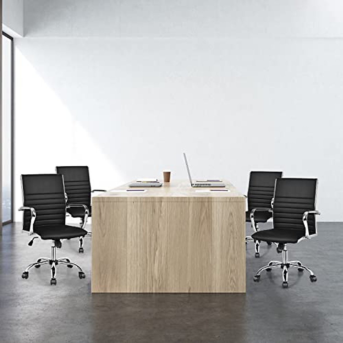 COSTWAY Ribbed Office Chair Set of 4, Swivel Executive PU Leather High Back Chair with Height Adjustable, Armrest, Rocking Backrest, Lumbar Support, Ergonomic Task Managerial Chair for Home (Black)